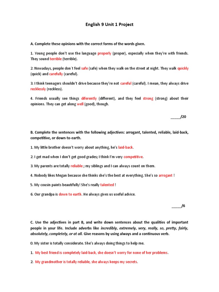 English 9 Unit 1 Project: Absolutely, Completely, or at All. Give ...
