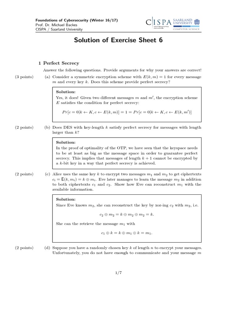 Solution of Exercise Sheet 6: 1 Perfect Secrecy | PDF | Cryptography | Encryption