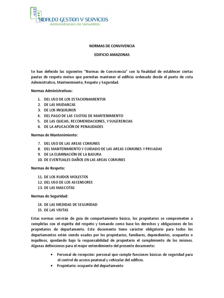 Normas de Convivencia - Edificio Amazonas | Descargar gratis PDF | Ascensor | Residuos