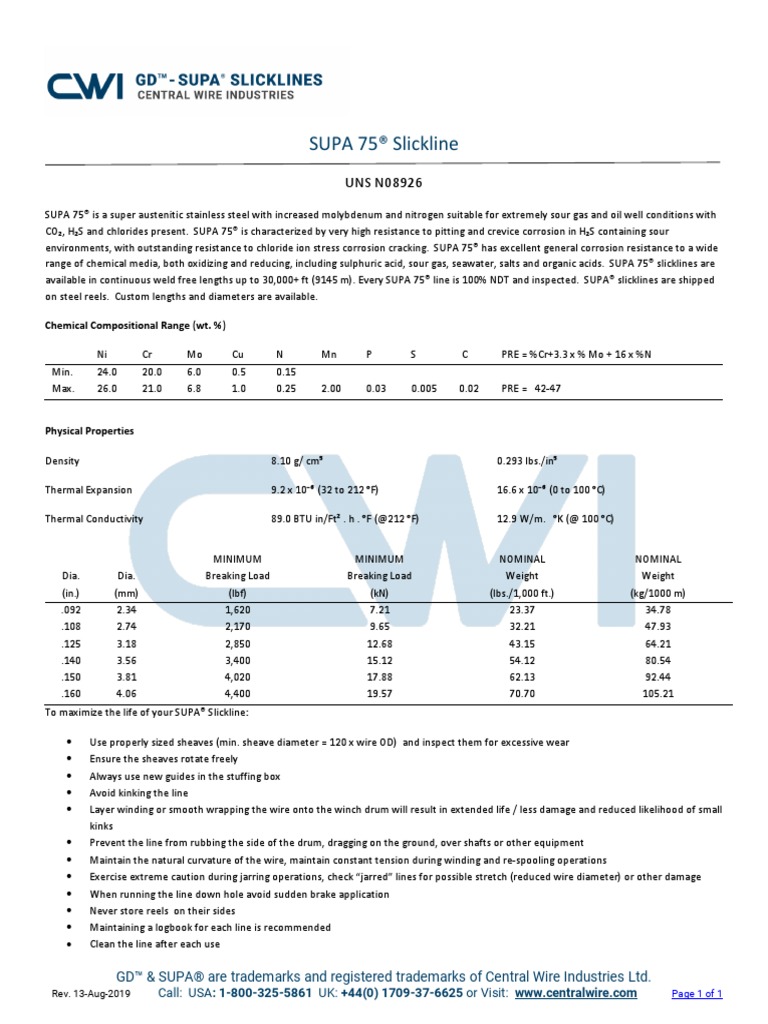 SUPA75 Slickline Rev 29 May 18 | PDF | Corrosion | Stainless Steel