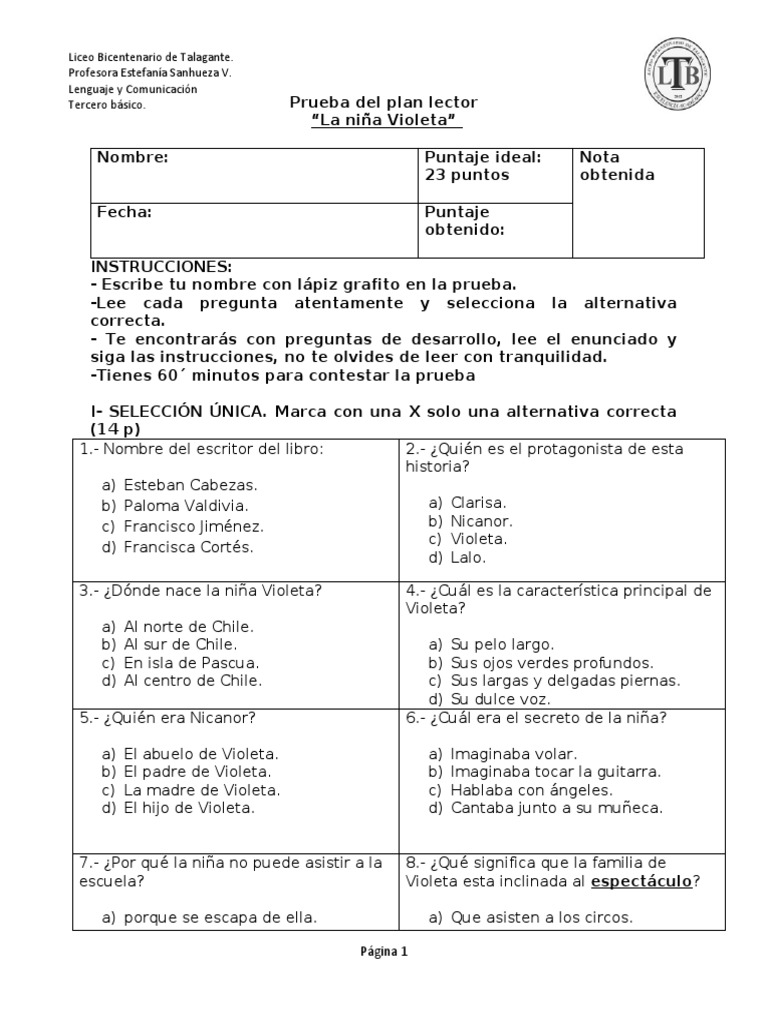 Prueba La Nina Violeta 3 | PDF | Artes del Lenguaje y Comunicación ...