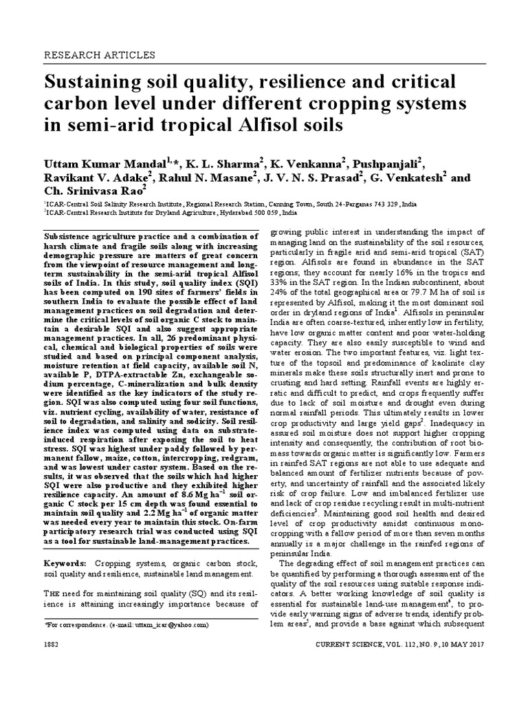Sustaining Soil Quality, Resilience and Critical Carbon Level Under ...