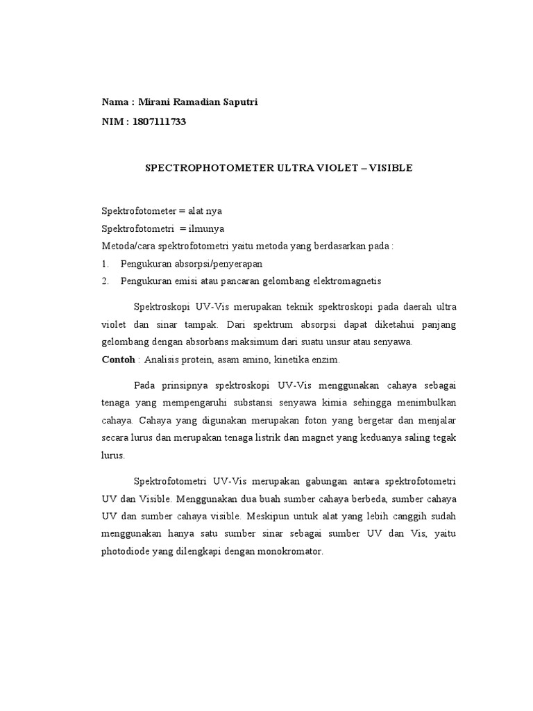 Resume Spektro UV-VIS Dan Spekro IR (Mirani Ramadian Saputri 1807111733) | PDF