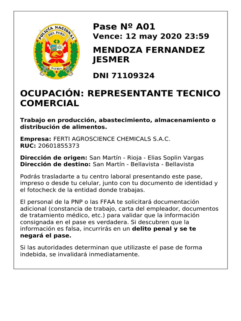 Modelo de Pase Laboral | PDF
