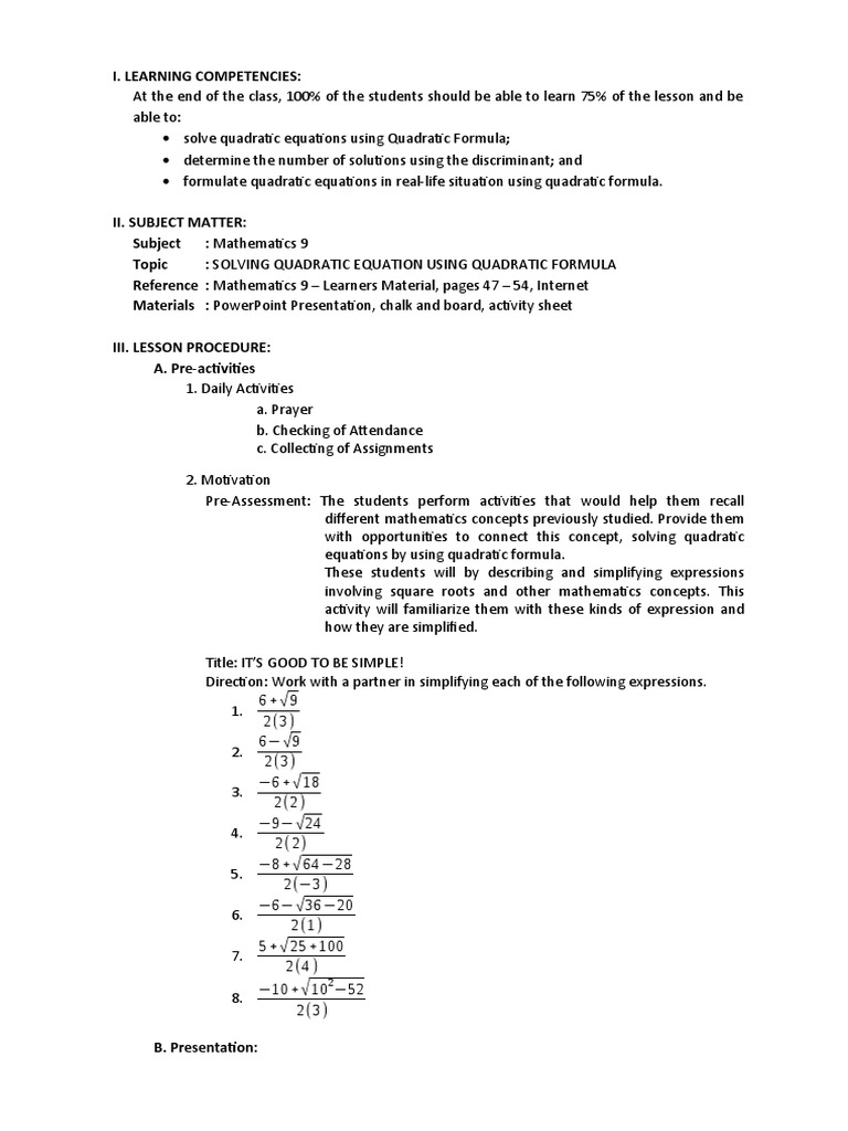 Solving QE (Quadratic Formula) | PDF | Quadratic Equation | Equations