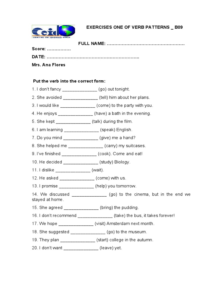 Exercises One of Verb Patterns - B09 | PDF