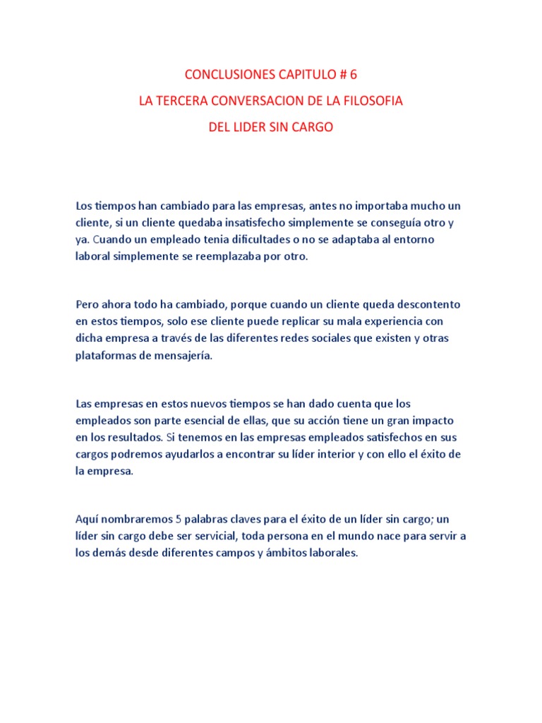 Conclusiones Capitulo 6 El Lider Que No Tenia Cargo | PDF