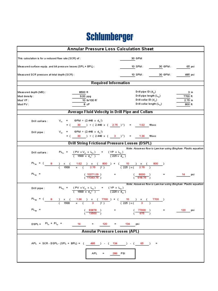Annular Pressure Loss Calculation Sheet: Required Information | PDF ...