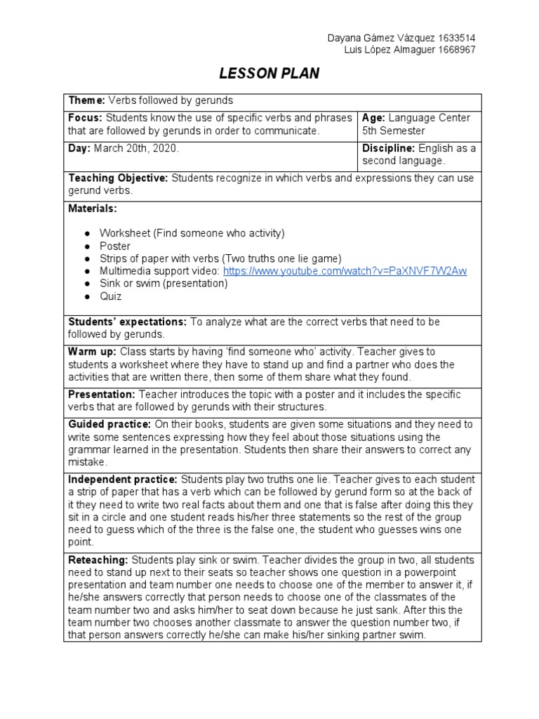 Gerunds in ESL: Lesson Plan Overview | PDF | Lesson Plan | Question