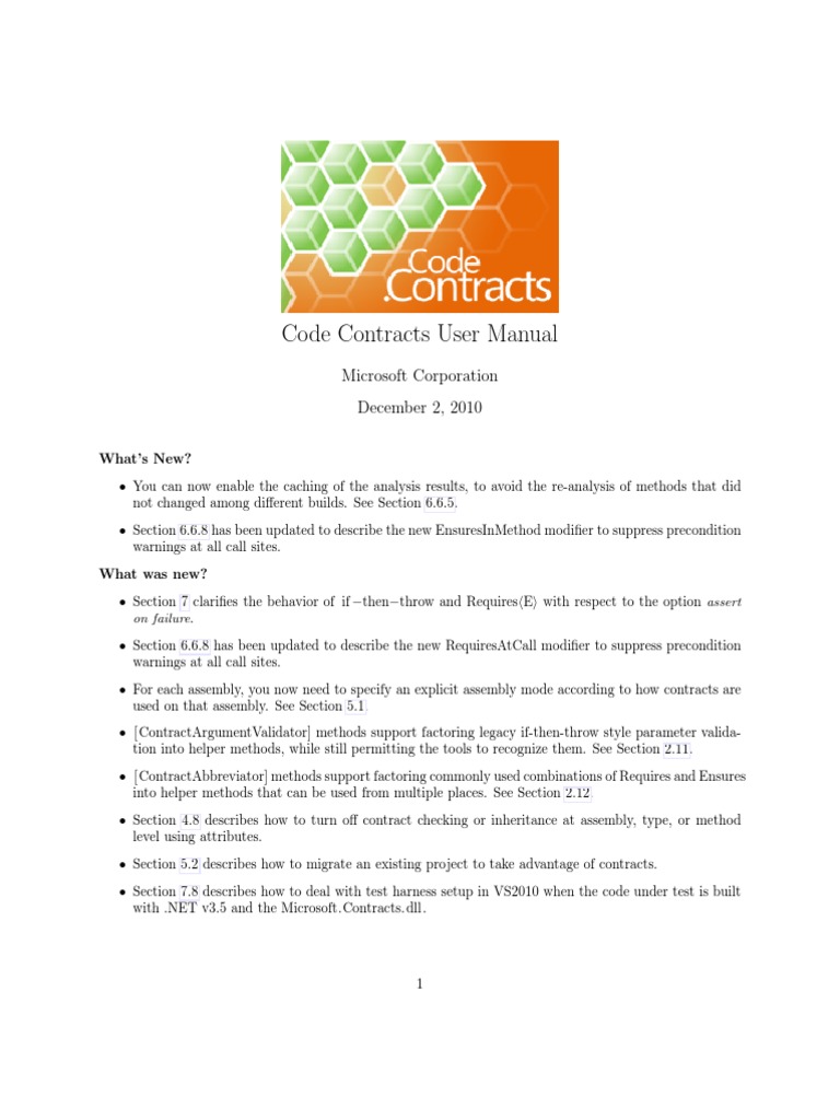 Code Contracts User Manual: Microsoft Corporation December 2, 2010 ... Code Contracts User Manual: Microsoft Corporation December 2, 2010 ...