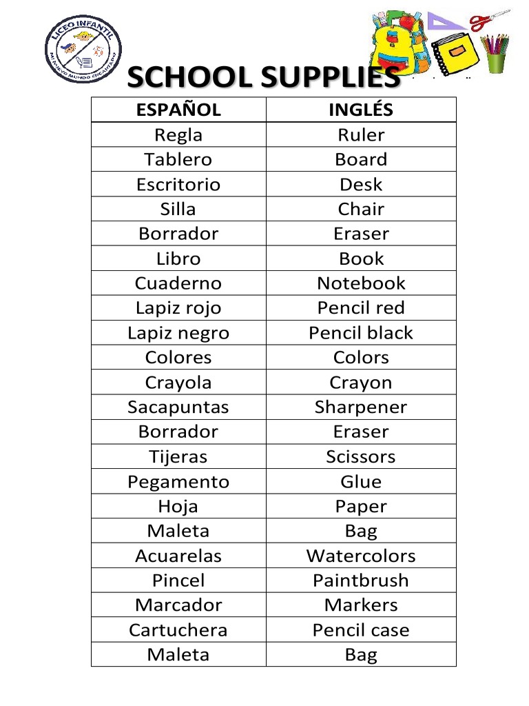 Utiles Escolares Vocabulario School Supplies Vocabulary Domino School