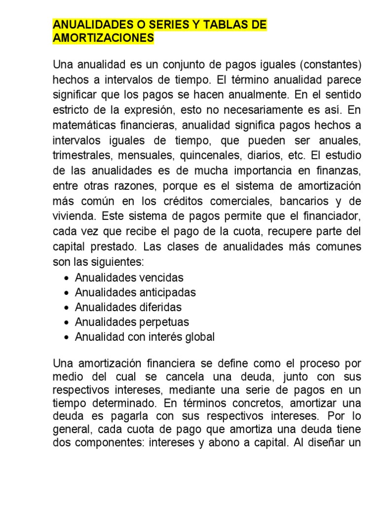 Anualidades o Series y Tablas de Amortizaciones | PDF | Amortización (Negocio) | Interés