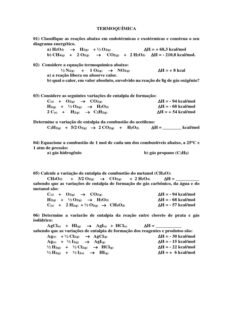 Exercícios de Termoquímica e Entalpia | PDF | Entalpia | Combustão