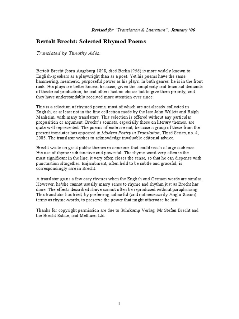 Bertolt Brecht: Selected Rhymed Poems: Translated by Timothy Adès | PDF ...