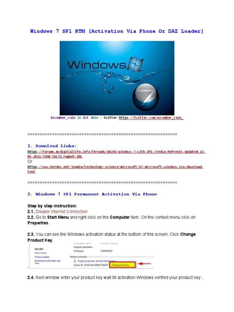 Windows 7 SP1 RTM (Activation Via Phone or DAZ Loader) | PDF ...