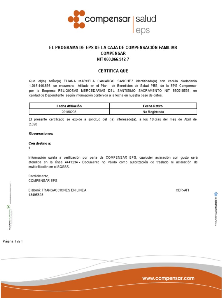 Certificado de Compensar PDF | PDF