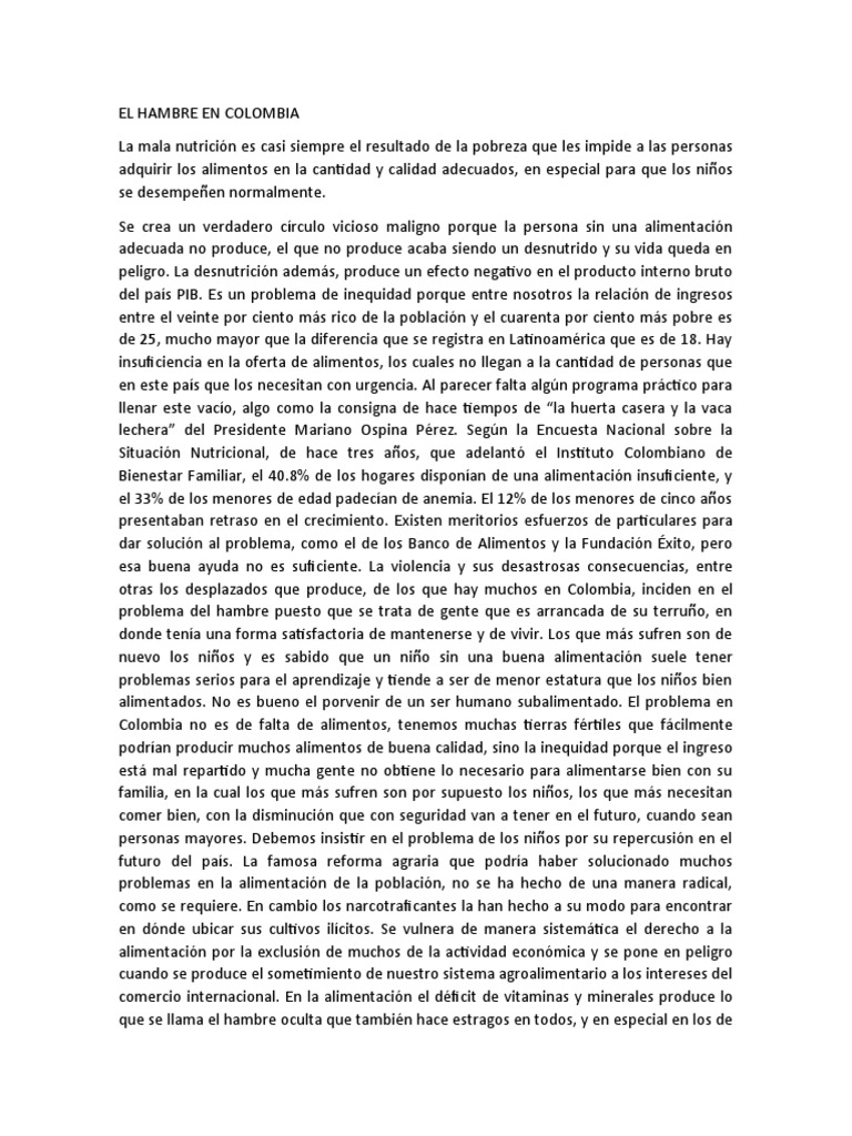 El Hambre En Colombia Pdf Hambre Desnutrición