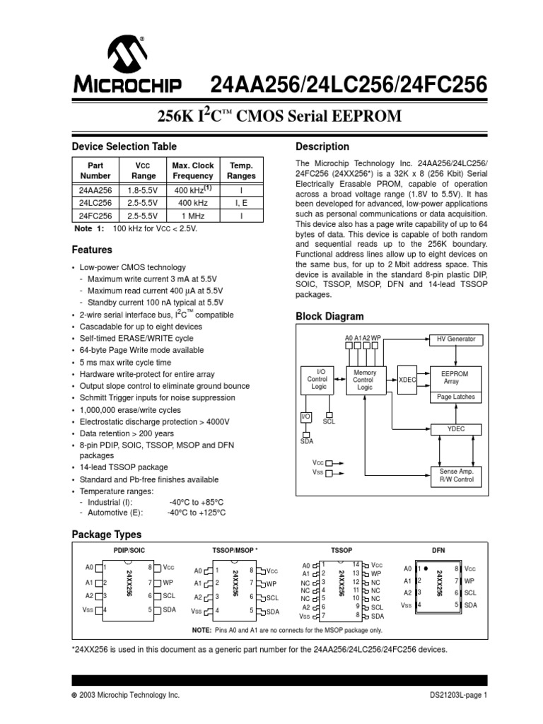EEPROM 24LC256 - Microchip PDF | PDF | Bit | Pointer (Computer Programming)