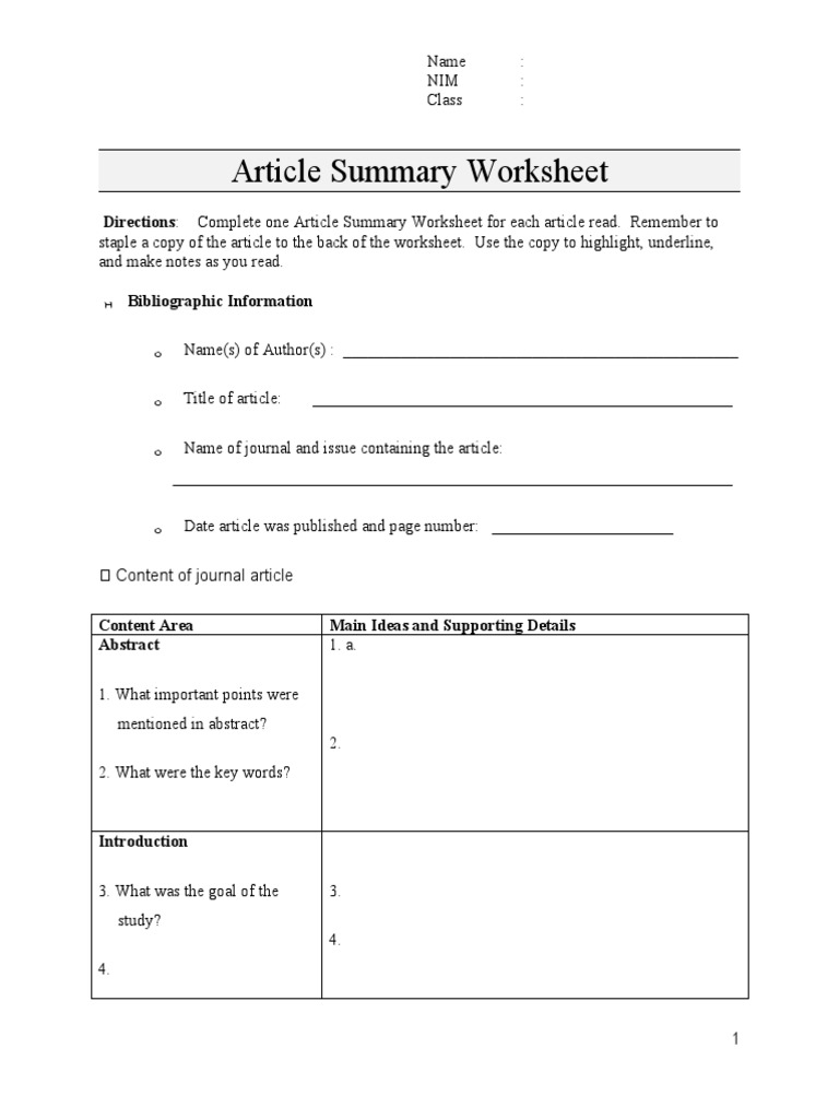 Article Summary Worksheet | PDF
