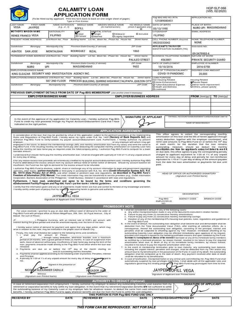 Calamity Loan Application Form: (E.g., JR., II) (For Married Women ...