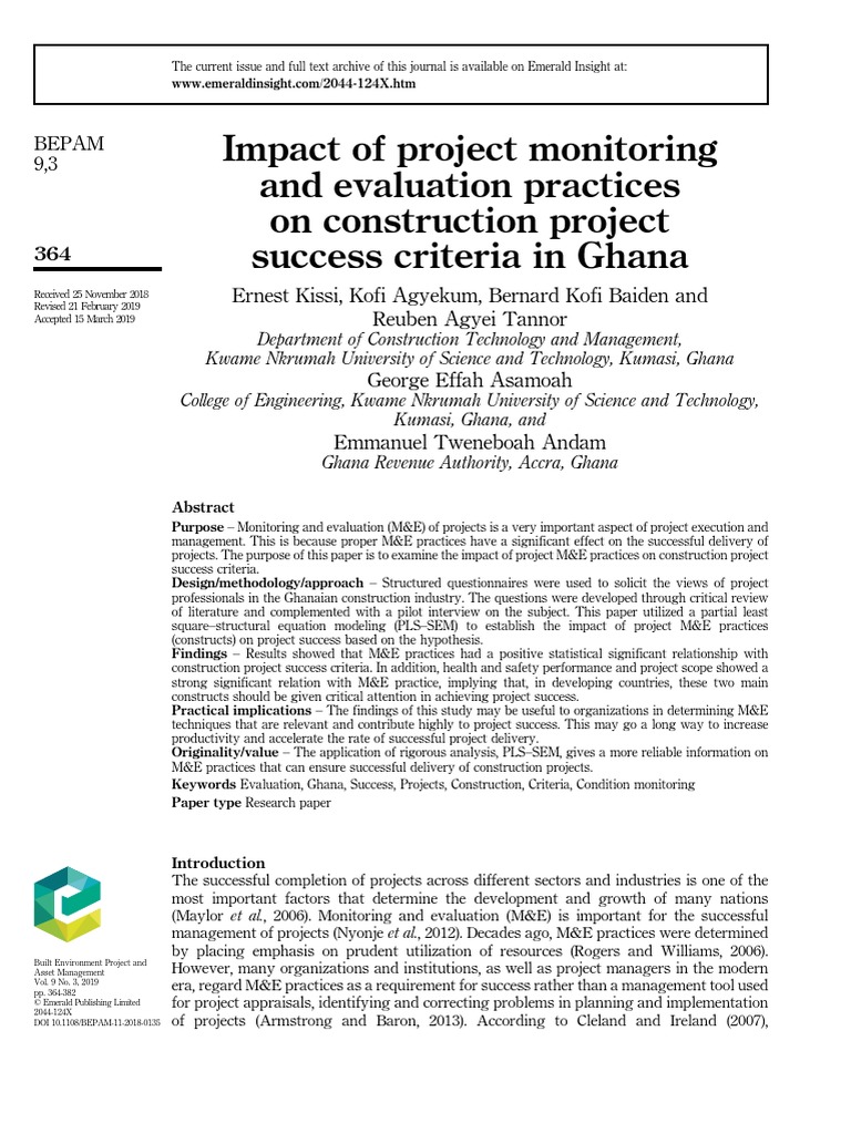 Impact of Project Monitoring and Evaluation Practices On Construction Project Success Criteria ...