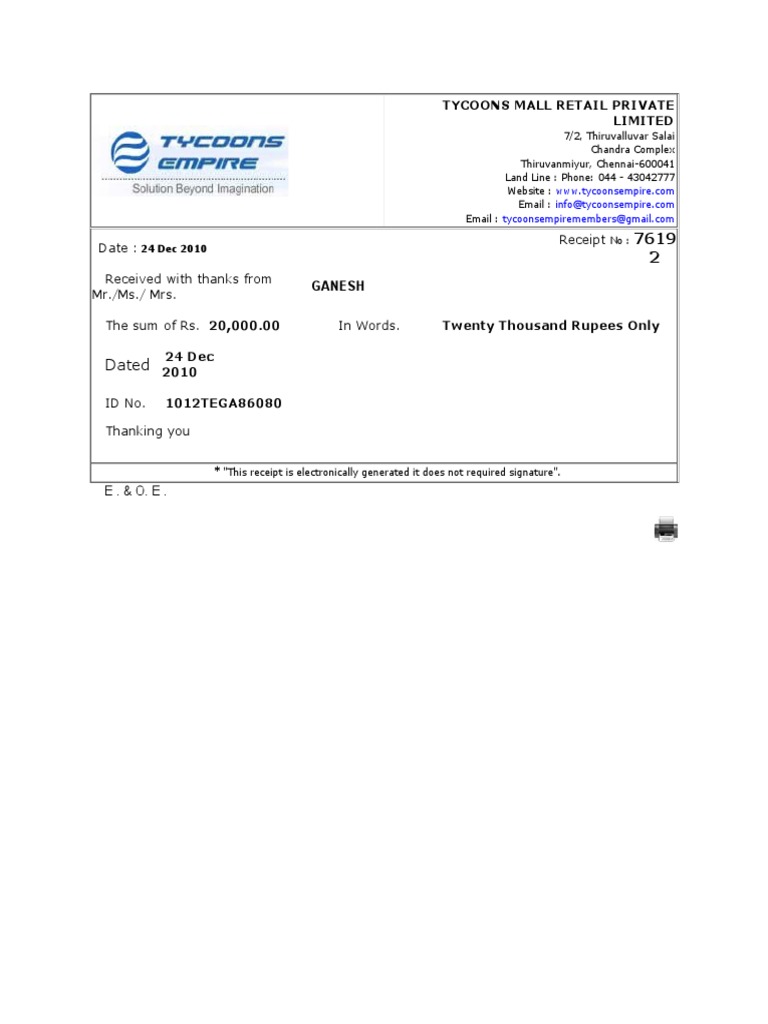 Receipt for Ganesh's Payment | PDF