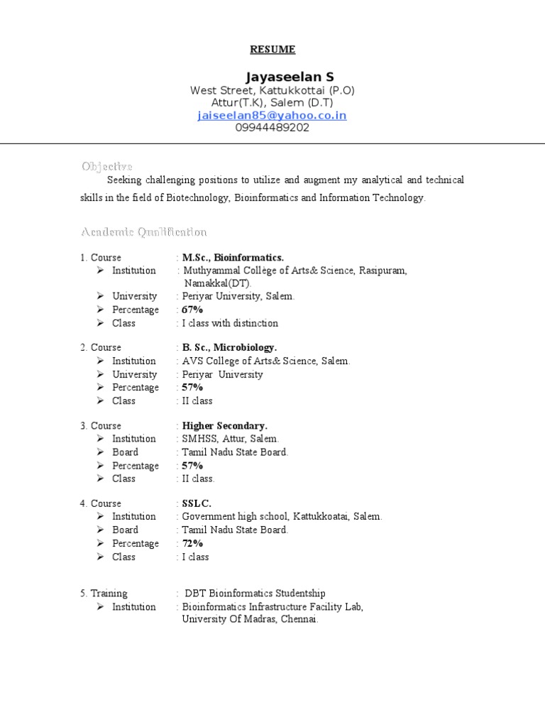 Sample Resume Jai | PDF | Bioinformatics | Biological Engineering
