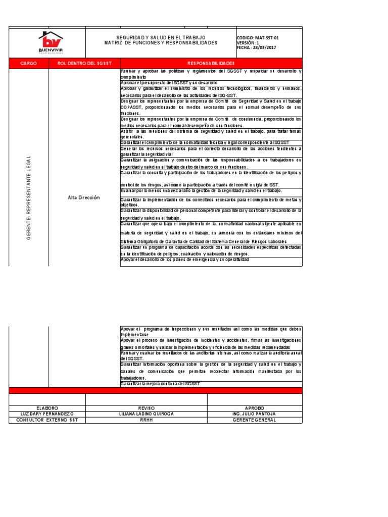 Matriz de Funciones y Responsabilidades SGSST | PDF | Evaluación | Política