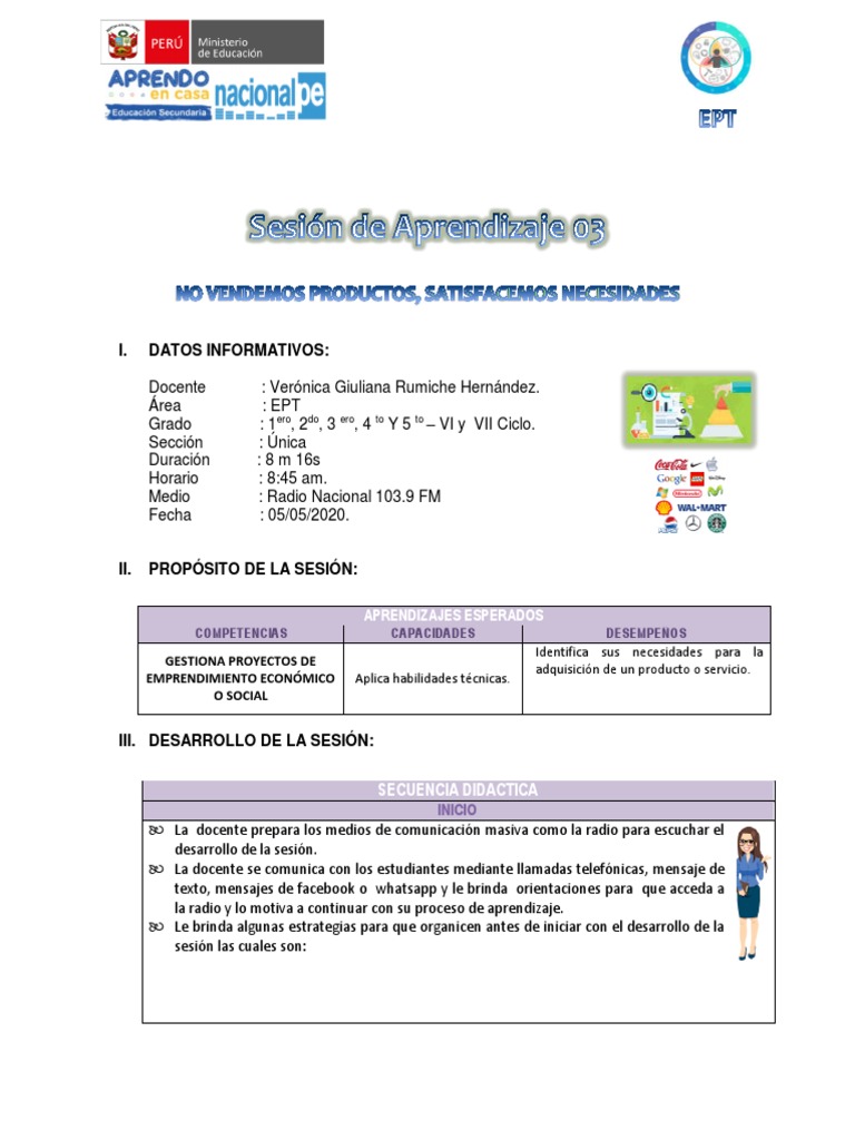 Sesión de Aprendizaje de EPT - 03 | PDF | Acción (filosofía ...