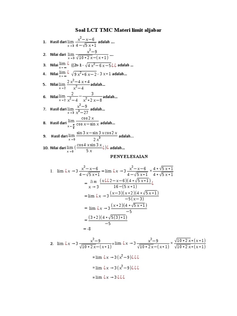 Soal LCT TMC Materi Limit Aljabar Dio Renaldi | PDF