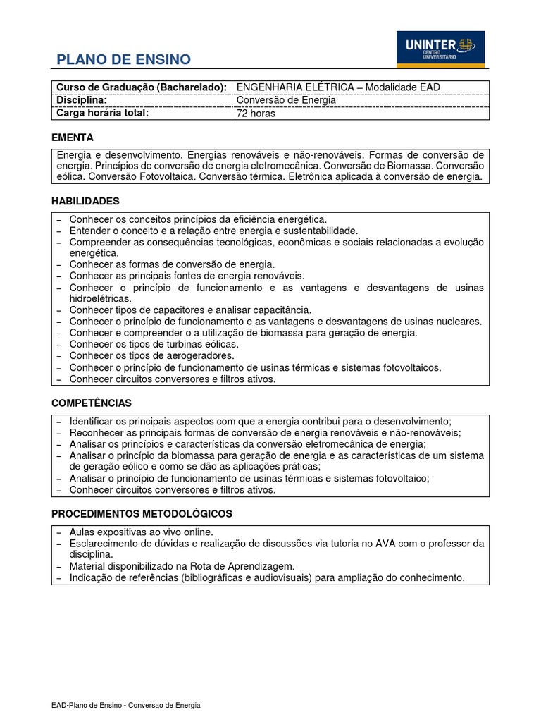 EAD Plano de Ensino Conversao de Energia | PDF | Energia renovável ...