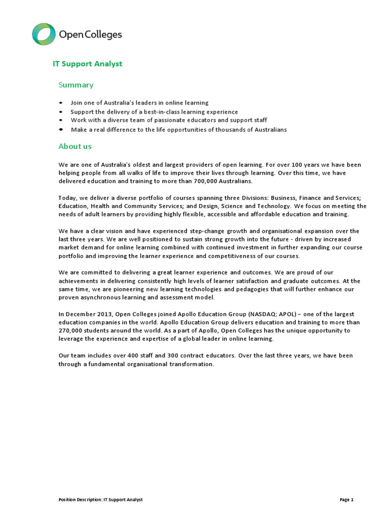 Position Description: IT Support Analyst | PDF | Educational Technology ...
