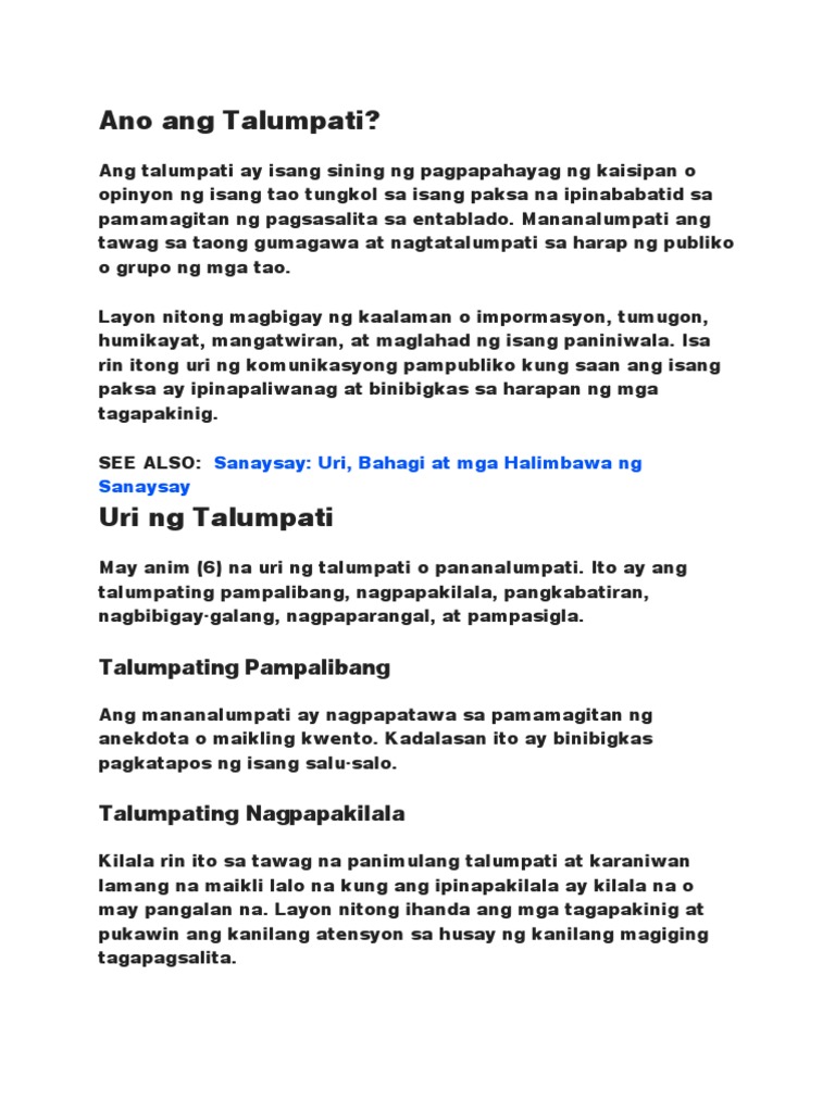Ano Ang Talumpati?: Talumpating Pampalibang | PDF