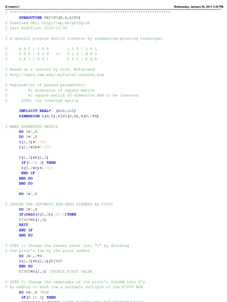 Fortran77 Subroutine For Matrix Inversion