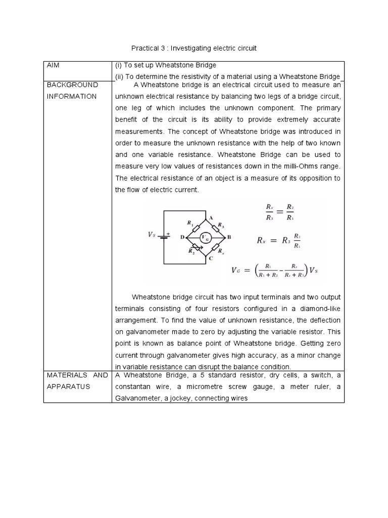 Determining Resistivity Using a Wheatstone Bridge Circuit | PDF ...