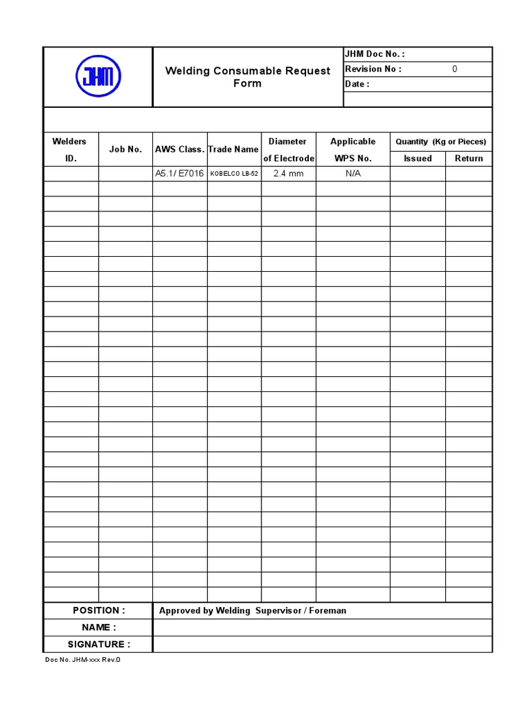 Welding Consumable Request Form-Daily | PDF