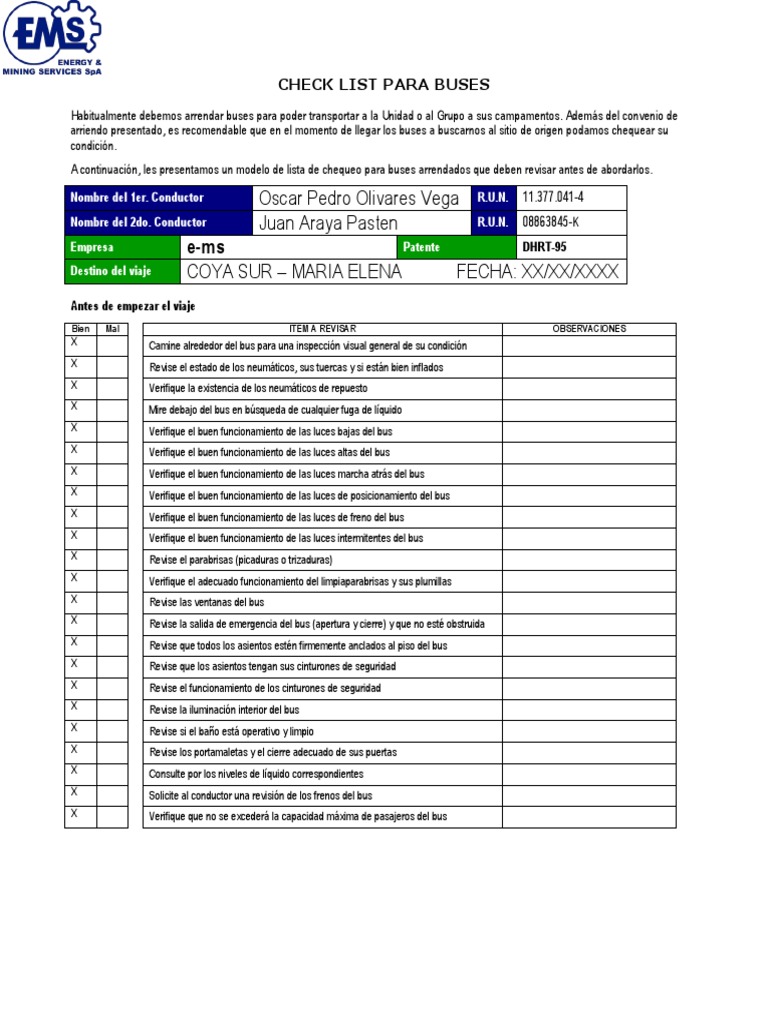 Check List para Buses PDF | Descargar gratis PDF | Vehículos | Transporte