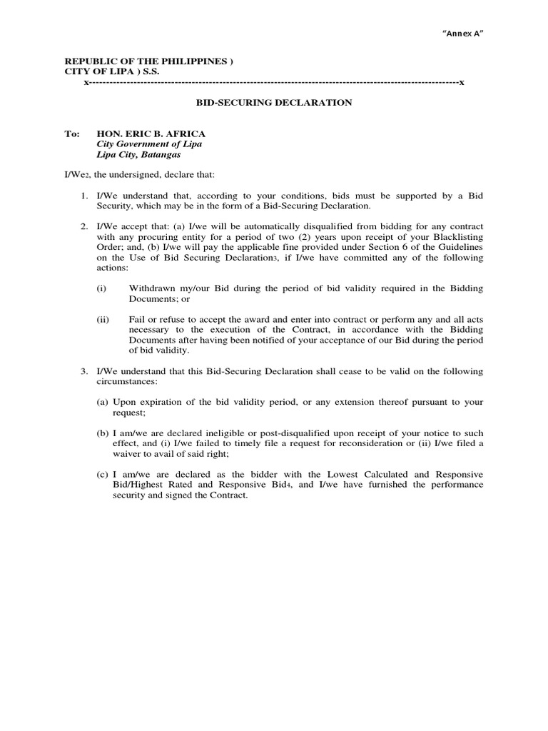 Bid-Securing Declaration Template | PDF | Document | Civil Law (Common Law)