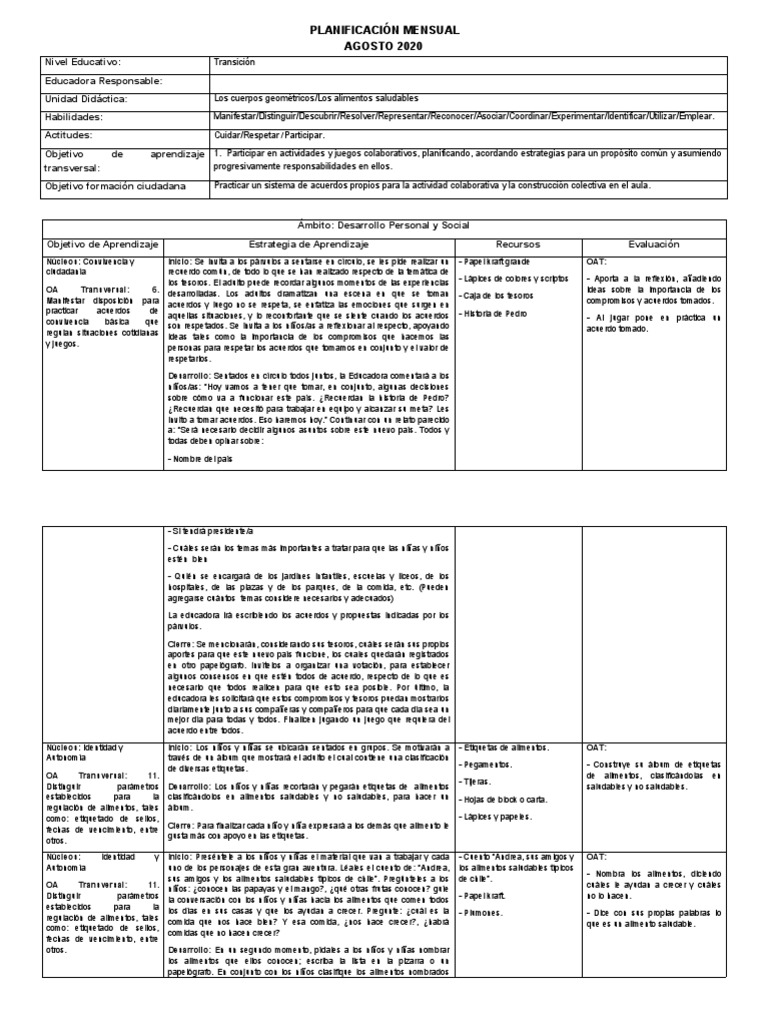 Planificación Agosto Unidad 9 y 10 | PDF | Educación de la primera ...