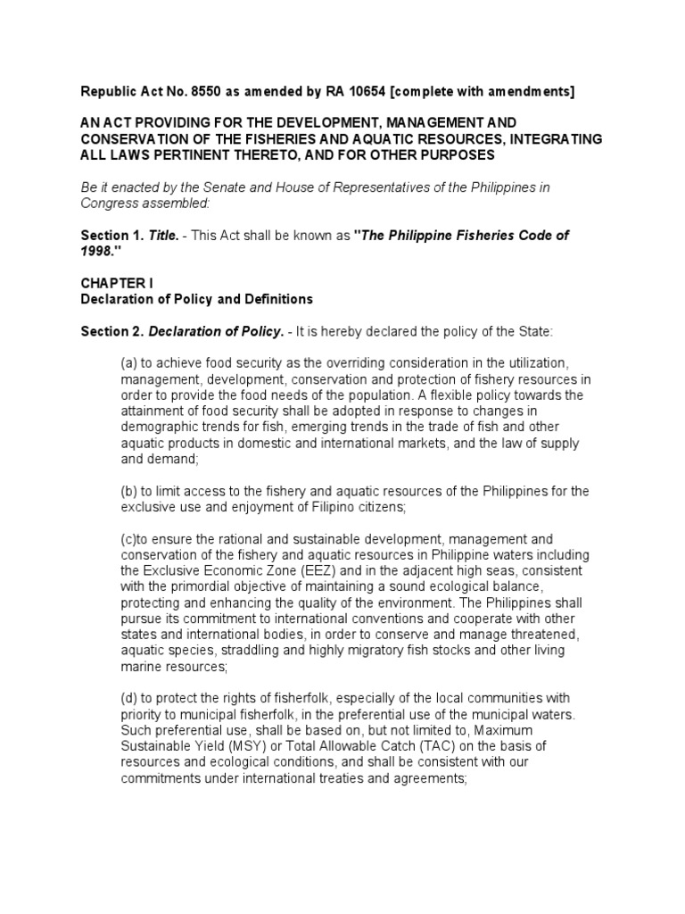 RA 8550 As Amended by RA 10654 Fisheries Code | PDF | Coral | Coral Reef