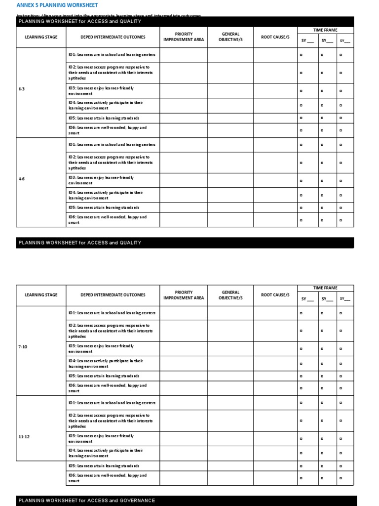 Planning Worksheet For Access and Quality | PDF | Pedagogy ...