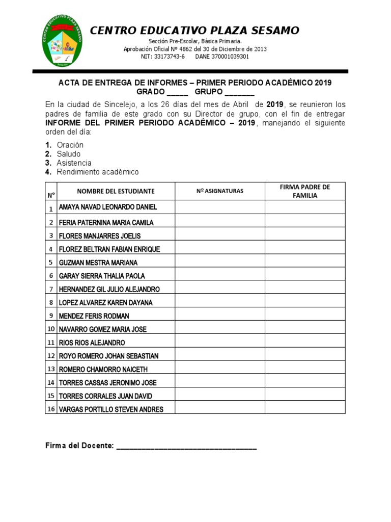Acta Entrega de Informe Académico de Cuarto 2019 | PDF
