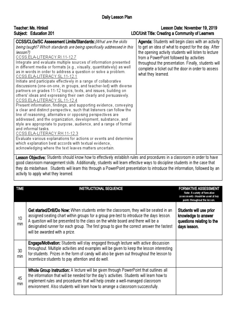 Lesson Plan Edu 201 | PDF | Classroom Management | Lecture