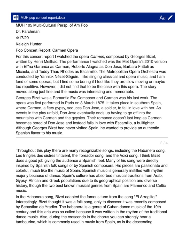 Carmen Opera Concert Report Analysis | PDF | Carmen | Performing Arts