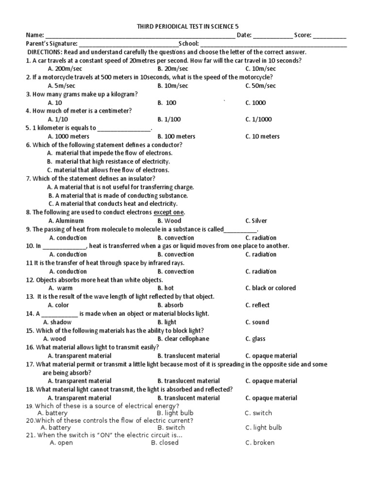 Third Periodical Test In Science Grade 5 Pdf Electrical Resistivity