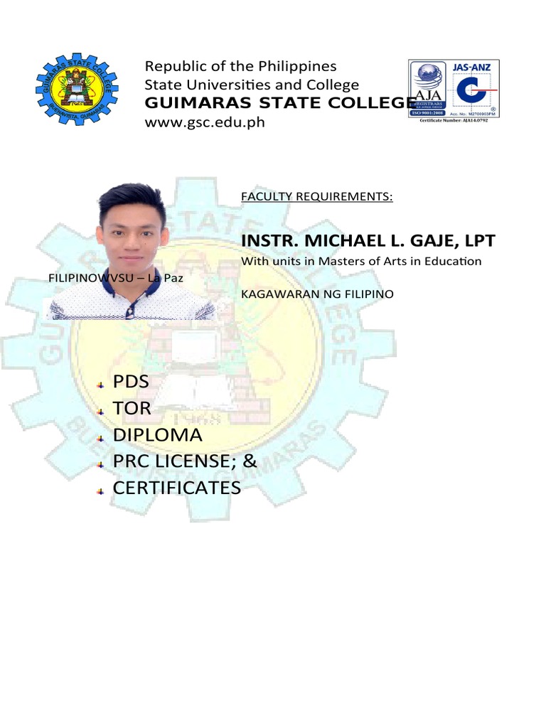 PDS TOR Diploma PRC License & Certificates: Instr. Michael L. Gaje, LPT ...