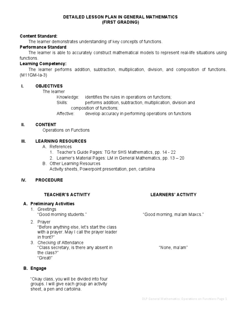 Detailed Lesson Plan on Operations of Functions | PDF | Function ...