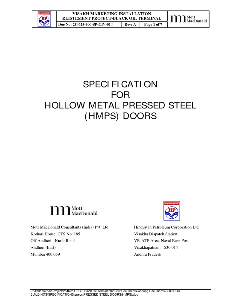 Specification For Hollow Metal Pressed Steel Doors PDF | PDF | Sheet ...
