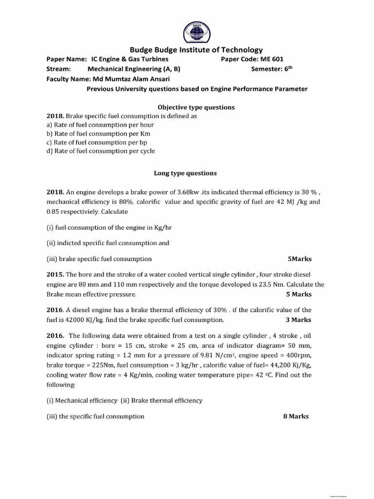 Previous University Questions Based On Engine Performance Parameter | PDF
