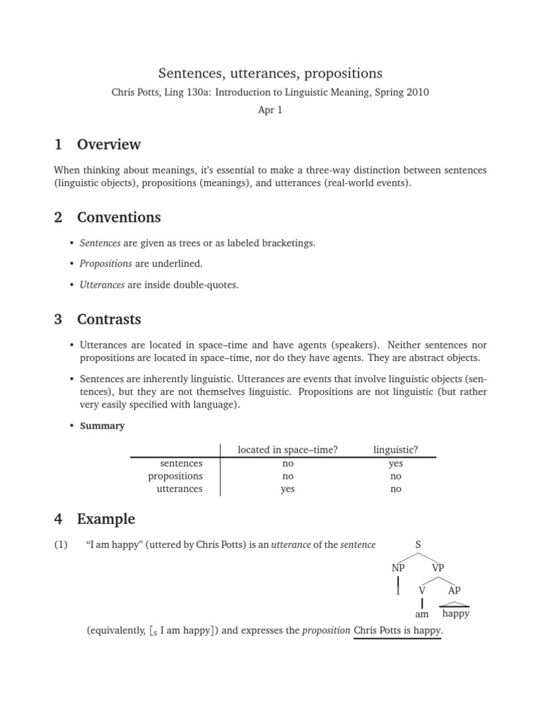Ling130a Handout 04 01 Sent Pro Putt | PDF | Proposition | Epistemology
